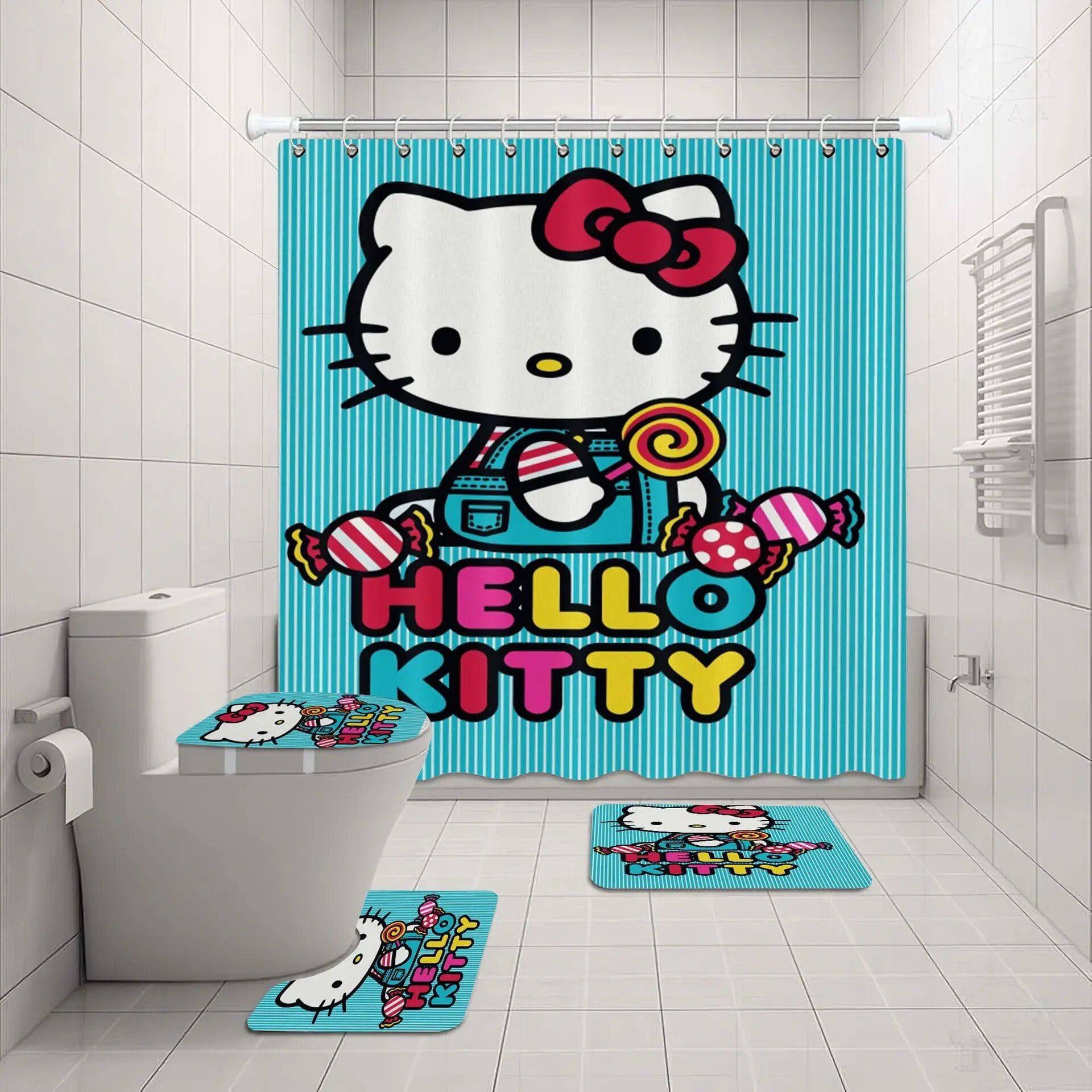 Hello Kitty Shower Curtain Set Sanrio Anime Printing Water Proof Shower Curtain Four Piece Set