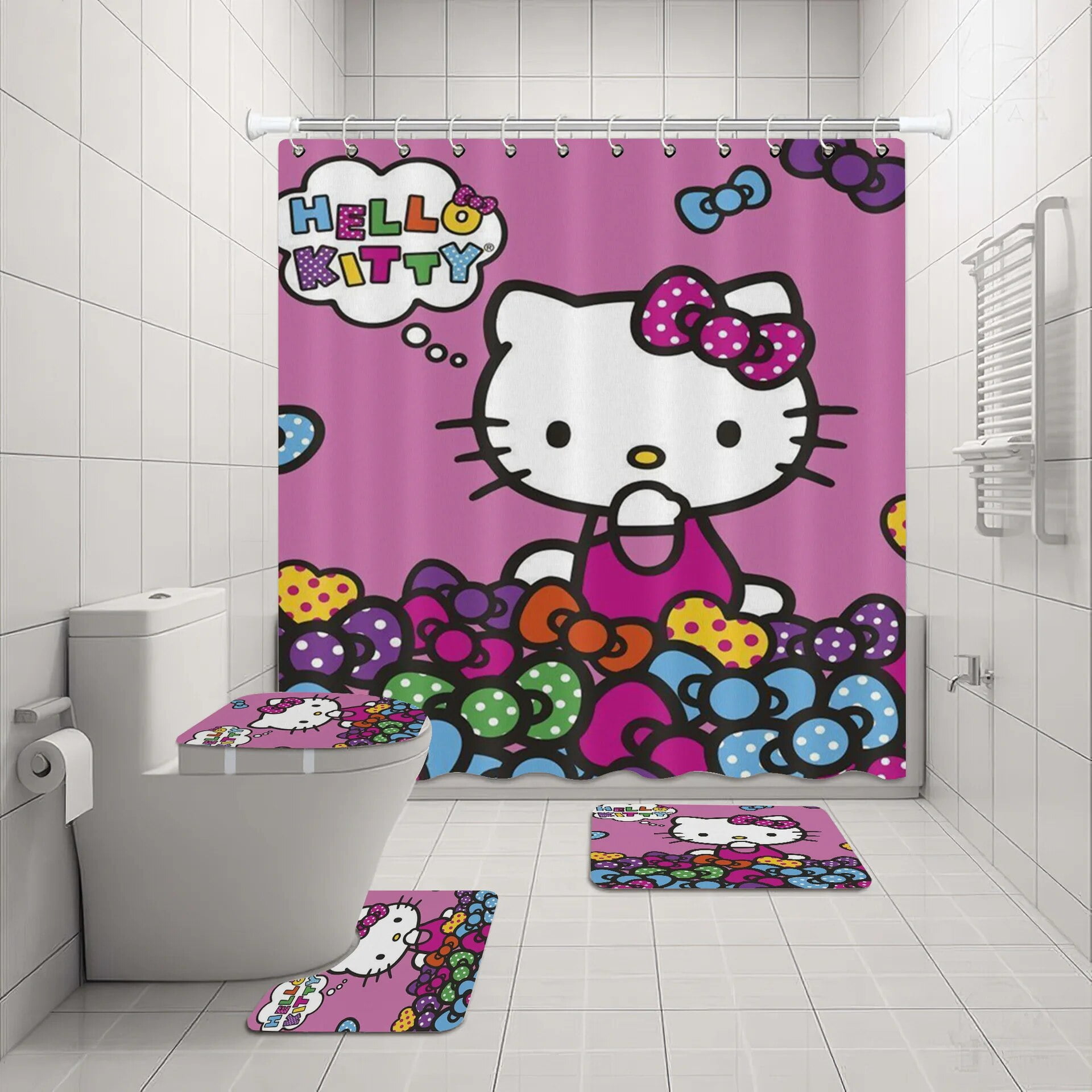 Hello Kitty Shower Curtain Set Sanrio Anime Printing Water Proof Shower Curtain Four Piece Set