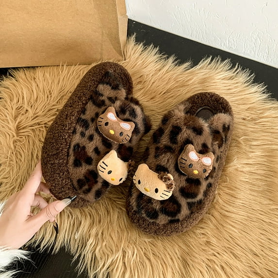 Hello Kitty Slippers: Leopard Print Fuzzy Cat Slippers - Walmart.com