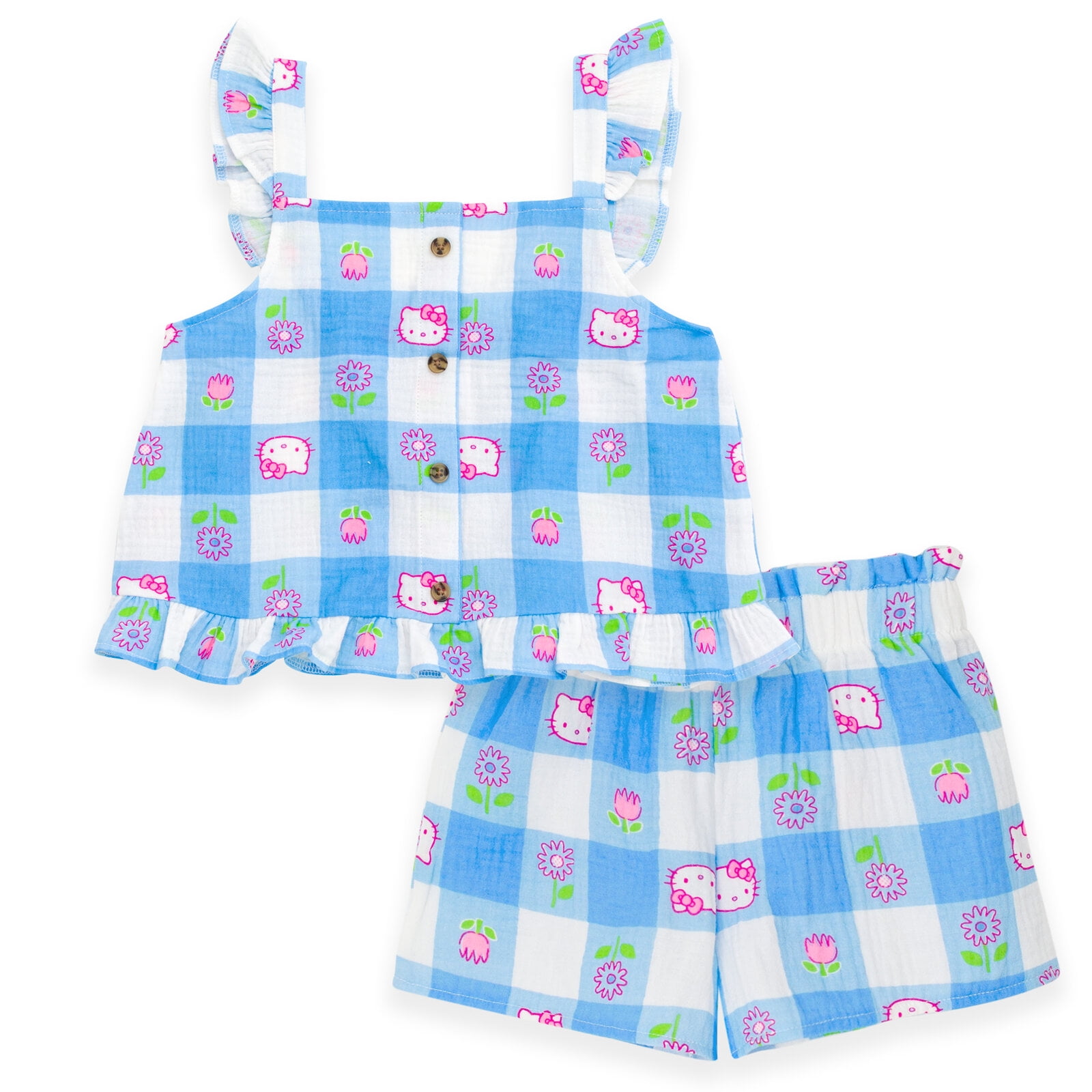Hello Kitty Square Neck Tank Top and Shorts Outfit Set Gingham Toddler ...