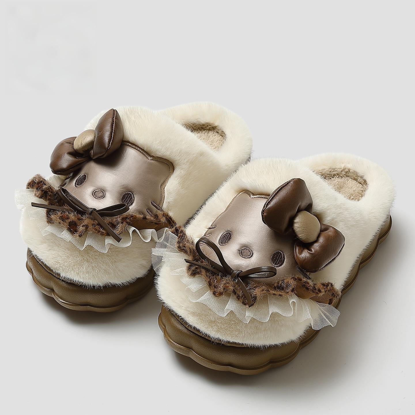 Hello Kitty Style Women's Plush Slippers - Cute Cartoon Bow Home ...