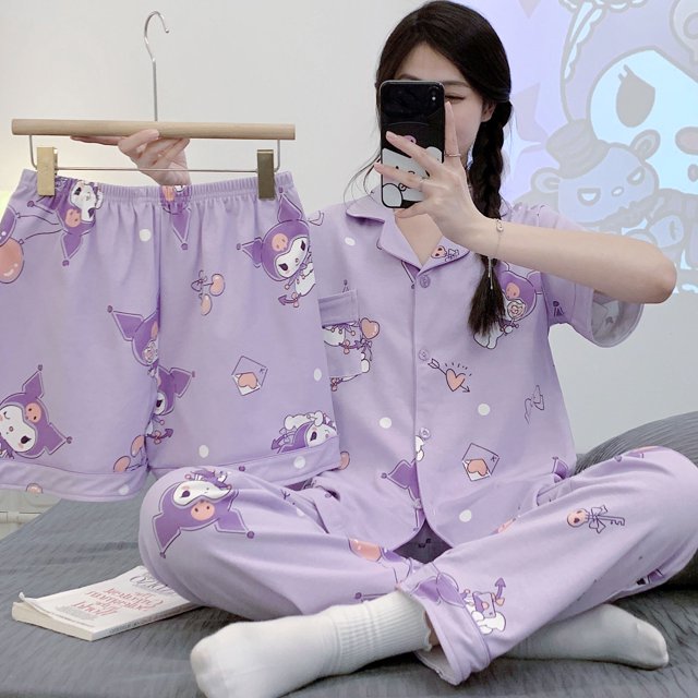 Hello Kitty Three-piece Pajamas Set Women Summer Short Sleeve Long Pants Sleepwear Sanrio Kuromi ...
