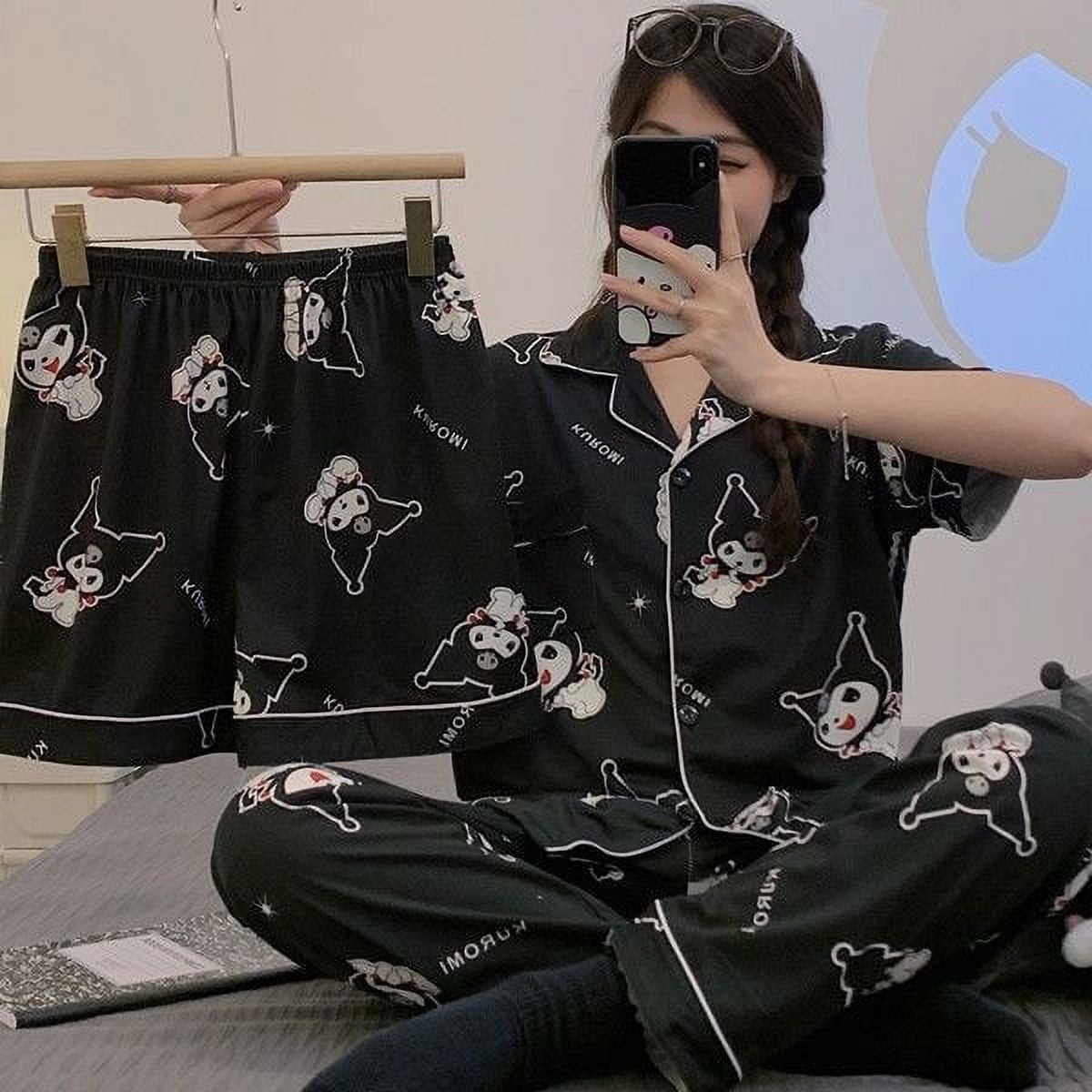 Hello Kitty Three-piece Pajamas Set Women Summer Short Sleeve Long Pants Sleepwear Sanrio Kuromi ...