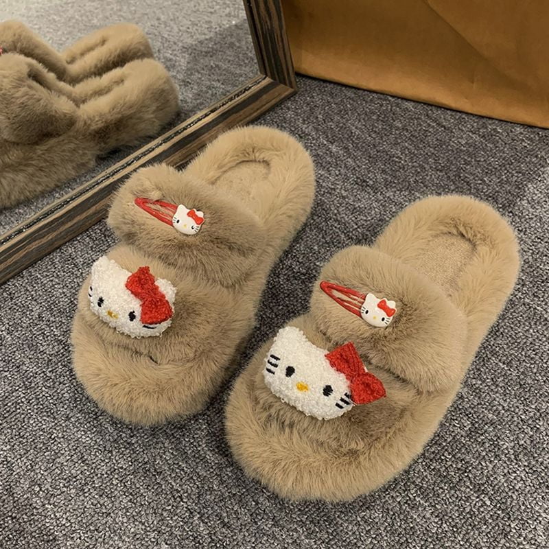 Hello Kitty Trendy Fuzzy Slippers for Women, Fall Winter 2025 New Style ...