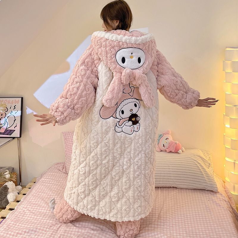 Hello Kitty Women Hooded Thick Nightgown New Style Cartoon Kuromi Coral ...