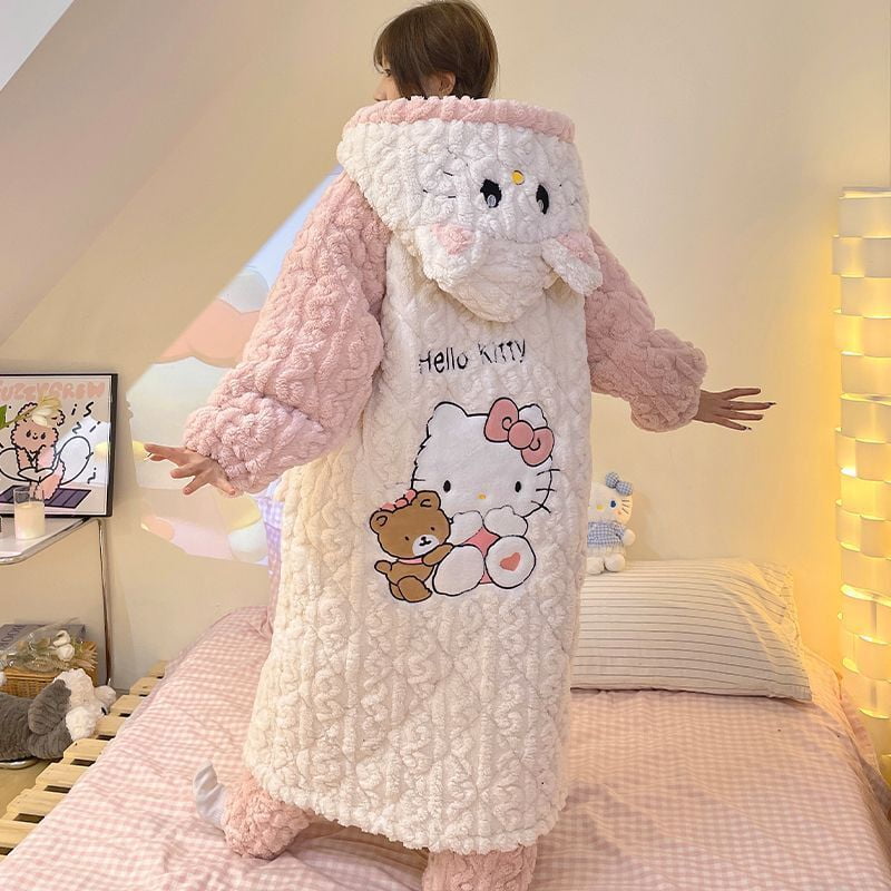 Hello Kitty Women Hooded Thick Nightgown New Style Cartoon Kuromi Coral ...