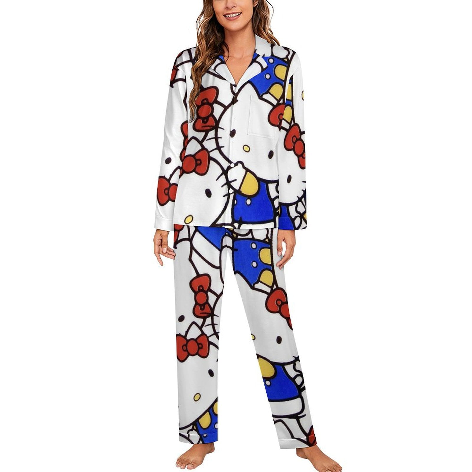 Hello Kitty Women Pajamas Set Long Sleeve Sleepwear Button Down ...