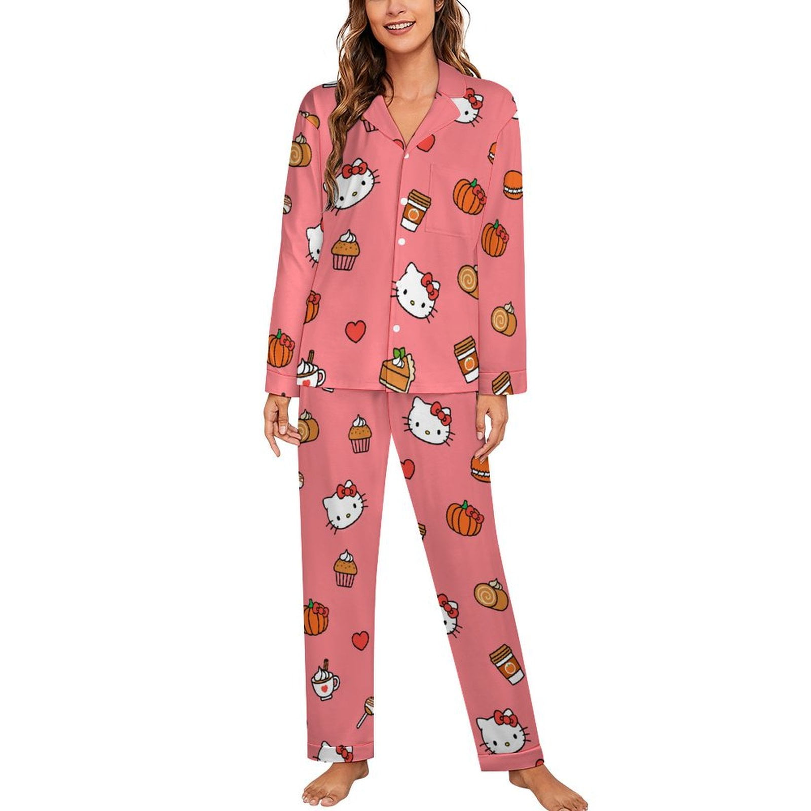 Hello Kitty Women Pajamas Set Long Sleeve Sleepwear Button Down ...