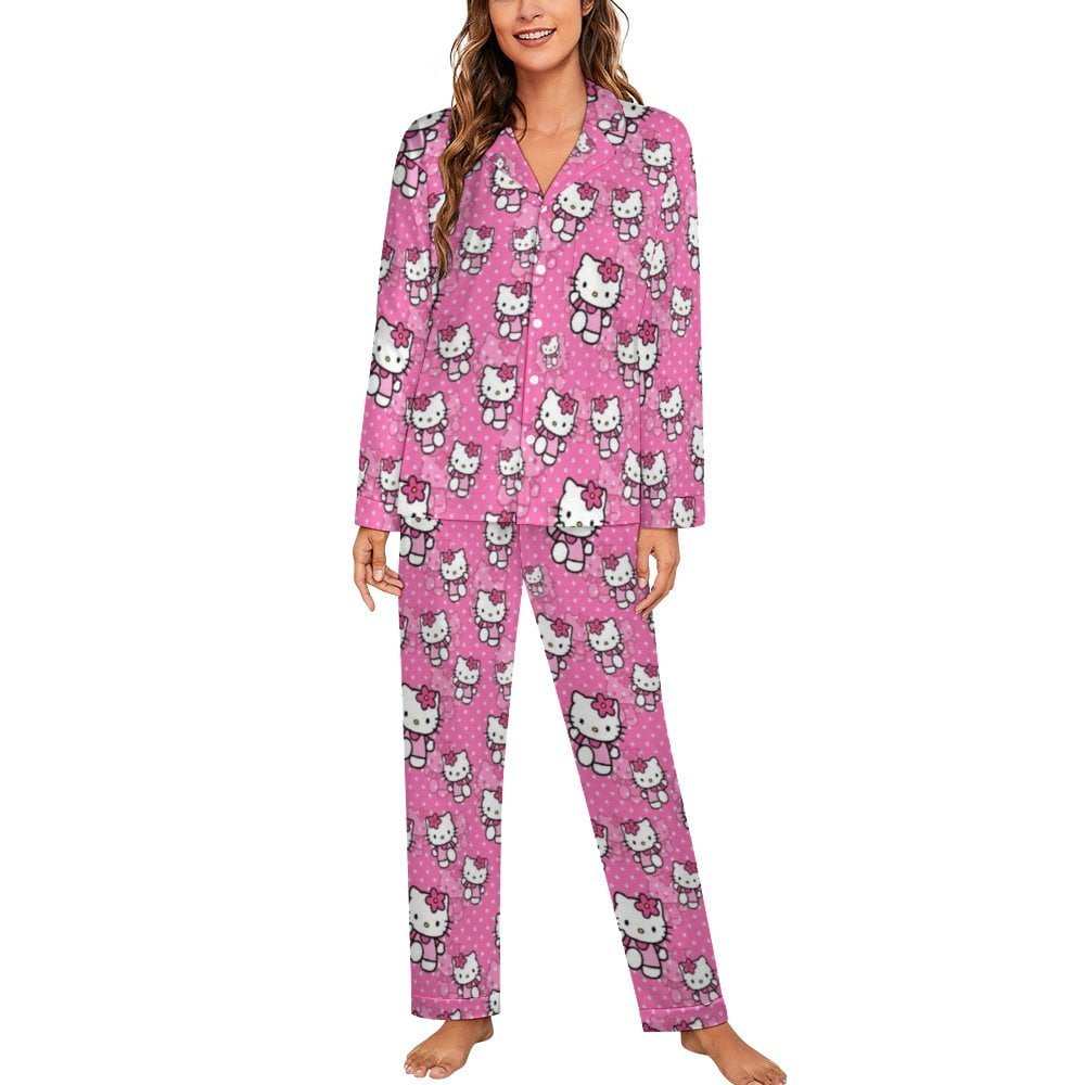 Hello Kitty Women Pajamas Set Long Sleeve Sleepwear Button Down ...