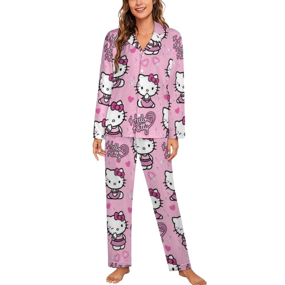 Hello Kitty Women Pajamas Set Long Sleeve Sleepwear Button Down ...