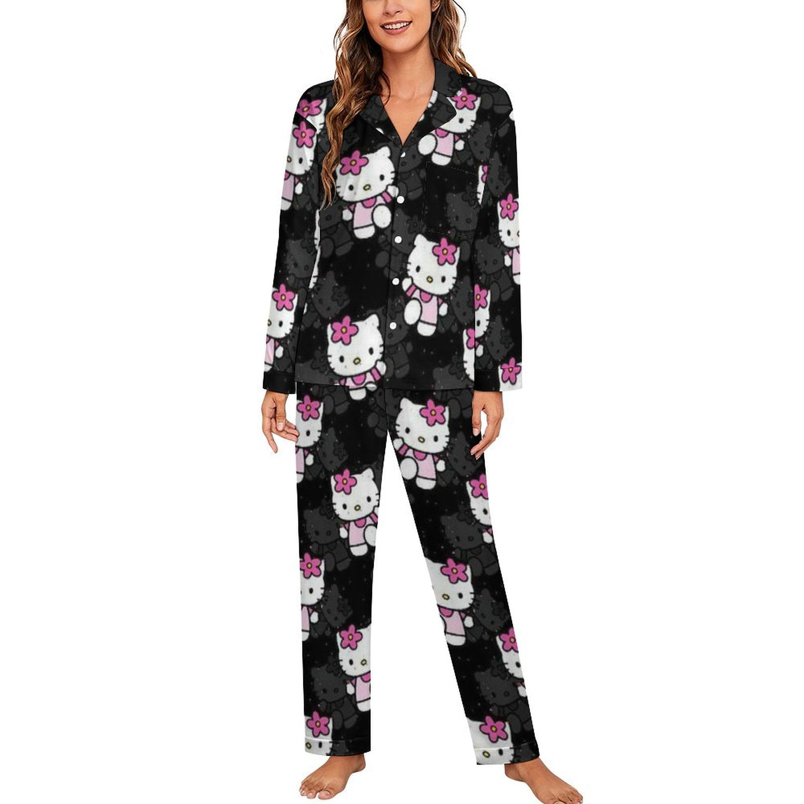Hello Kitty Women Pajamas Set Long Sleeve Sleepwear Button Down ...
