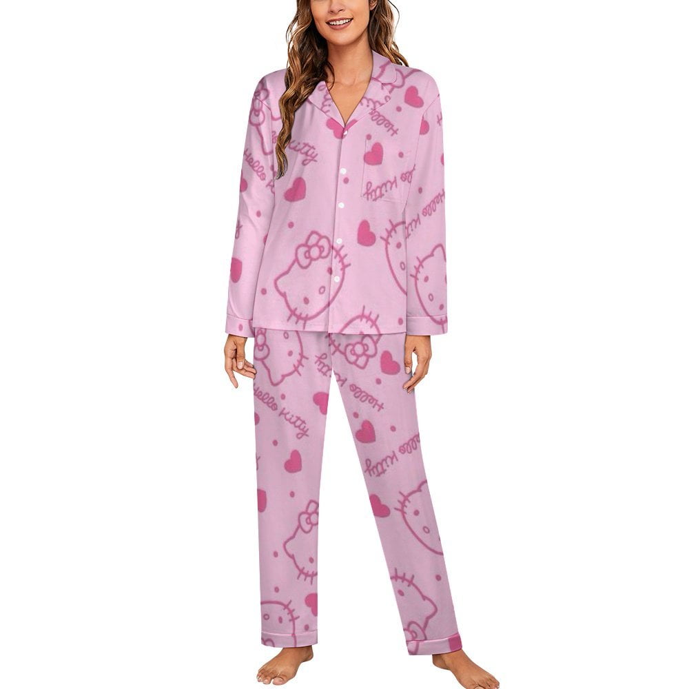 Hello Kitty Women Pajamas Set Long Sleeve Sleepwear Button Down ...