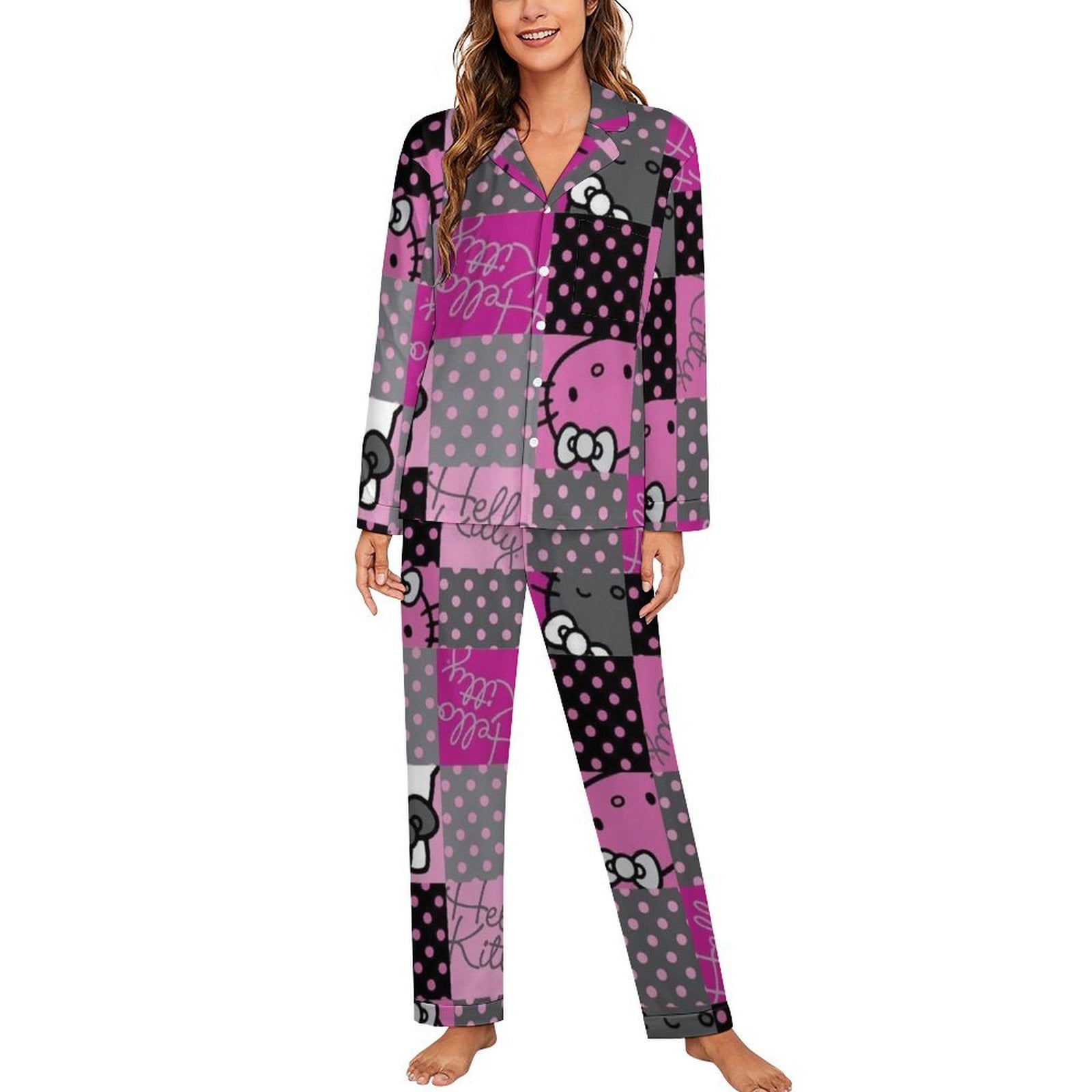 Hello Kitty Women Pajamas Set Long Sleeve Sleepwear Button Down ...