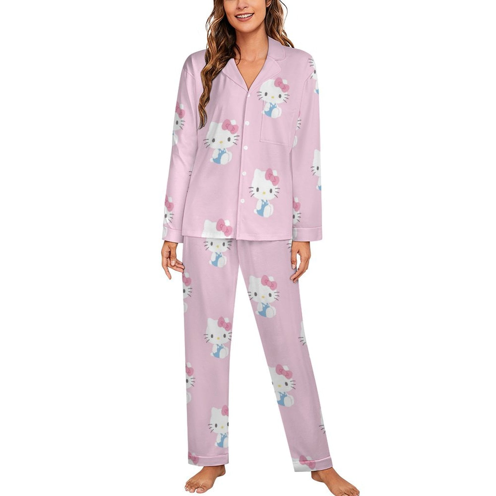 Hello Kitty Women Pajamas Set Long Sleeve Sleepwear Button Down ...