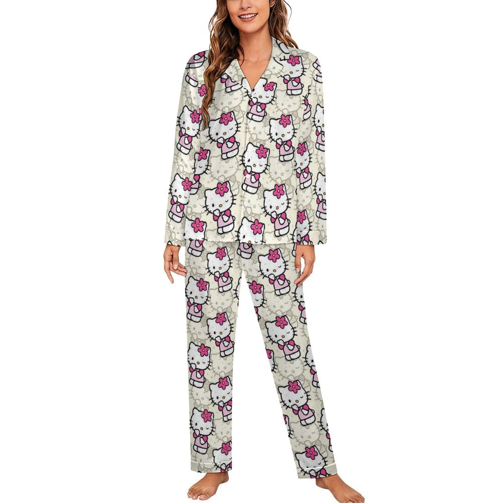 Hello Kitty Women Pajamas Set Long Sleeve Sleepwear Button Down ...