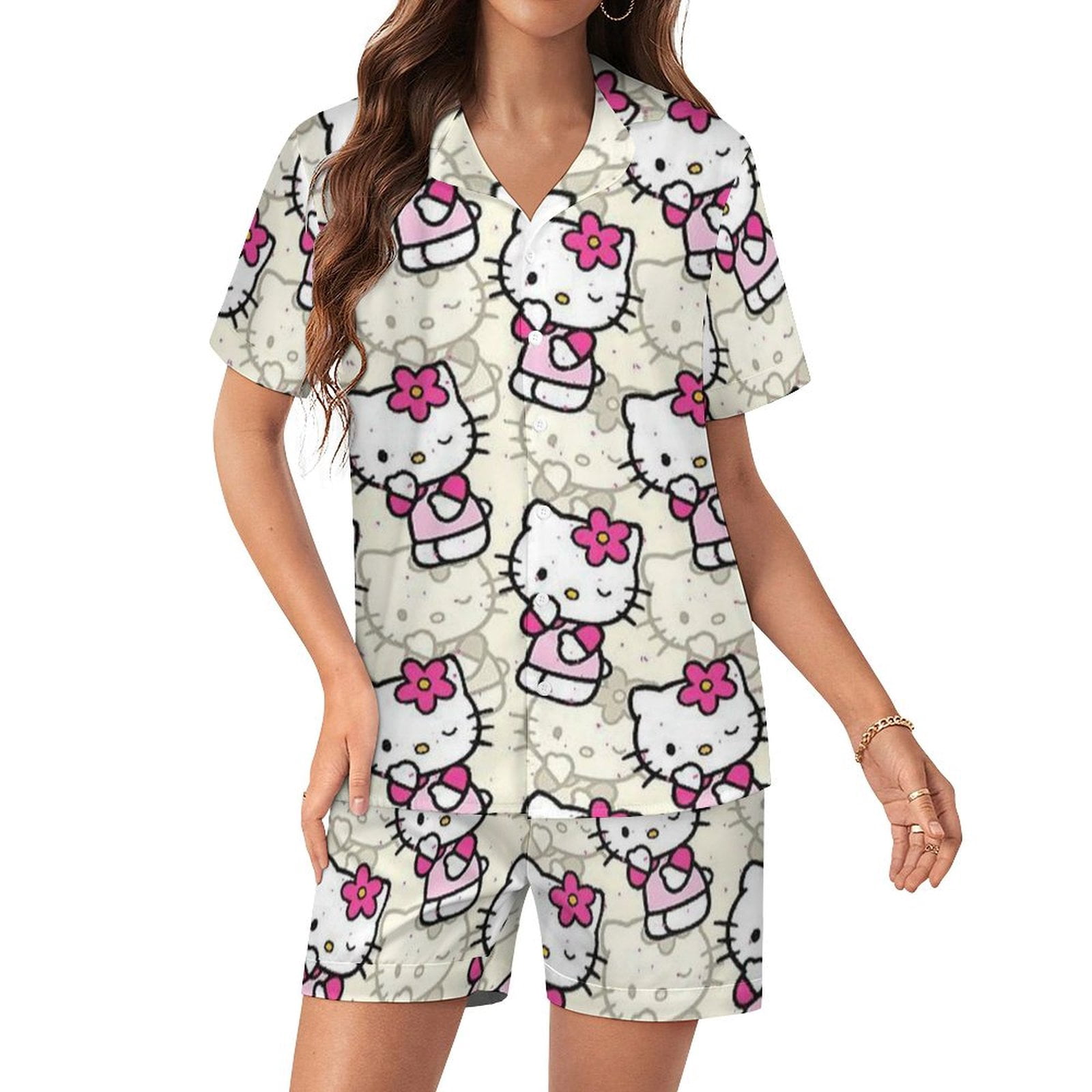 Hello Kitty Women Pajamas Set Short Sleeve Sleepwear Button Down Nightwear Soft Pjs Set with ...