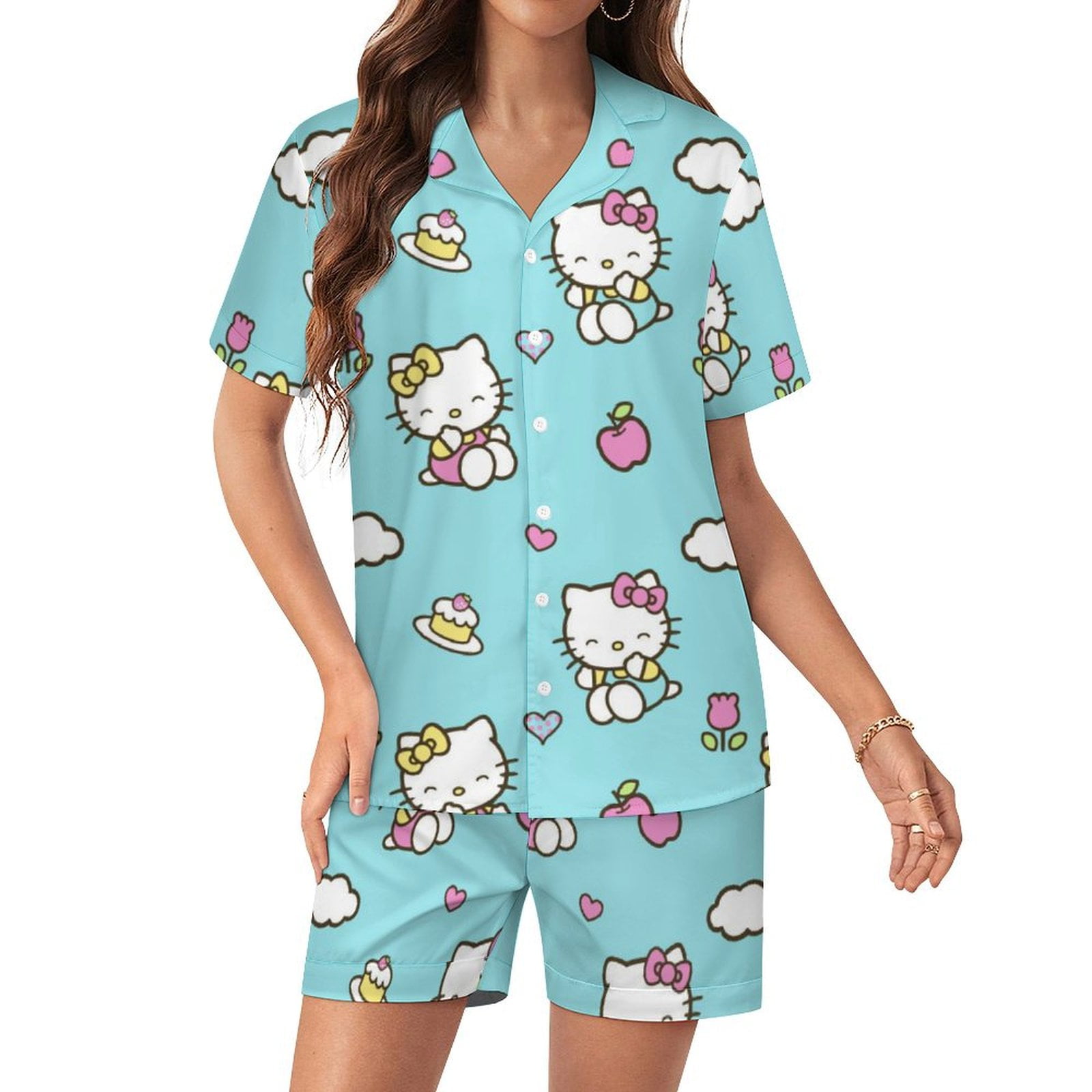 Hello Kitty Women Pajamas Set Short Sleeve Sleepwear Button Down ...