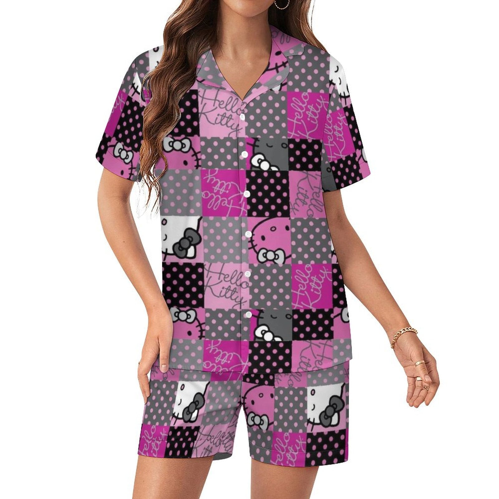 Hello Kitty Women Pajamas Set Short Sleeve Sleepwear Button Down ...