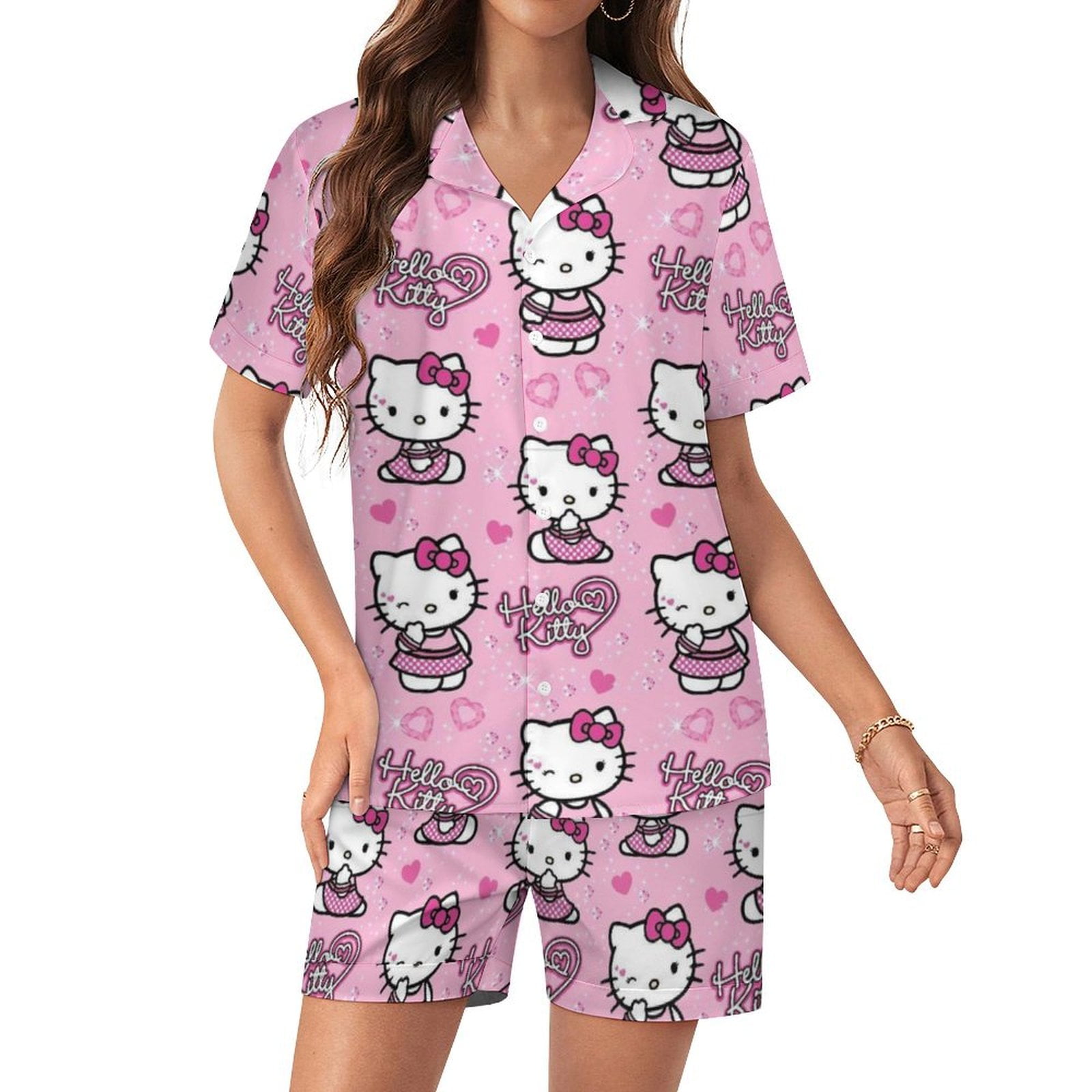 Hello Kitty Women Pajamas Set Short Sleeve Sleepwear Button Down ...