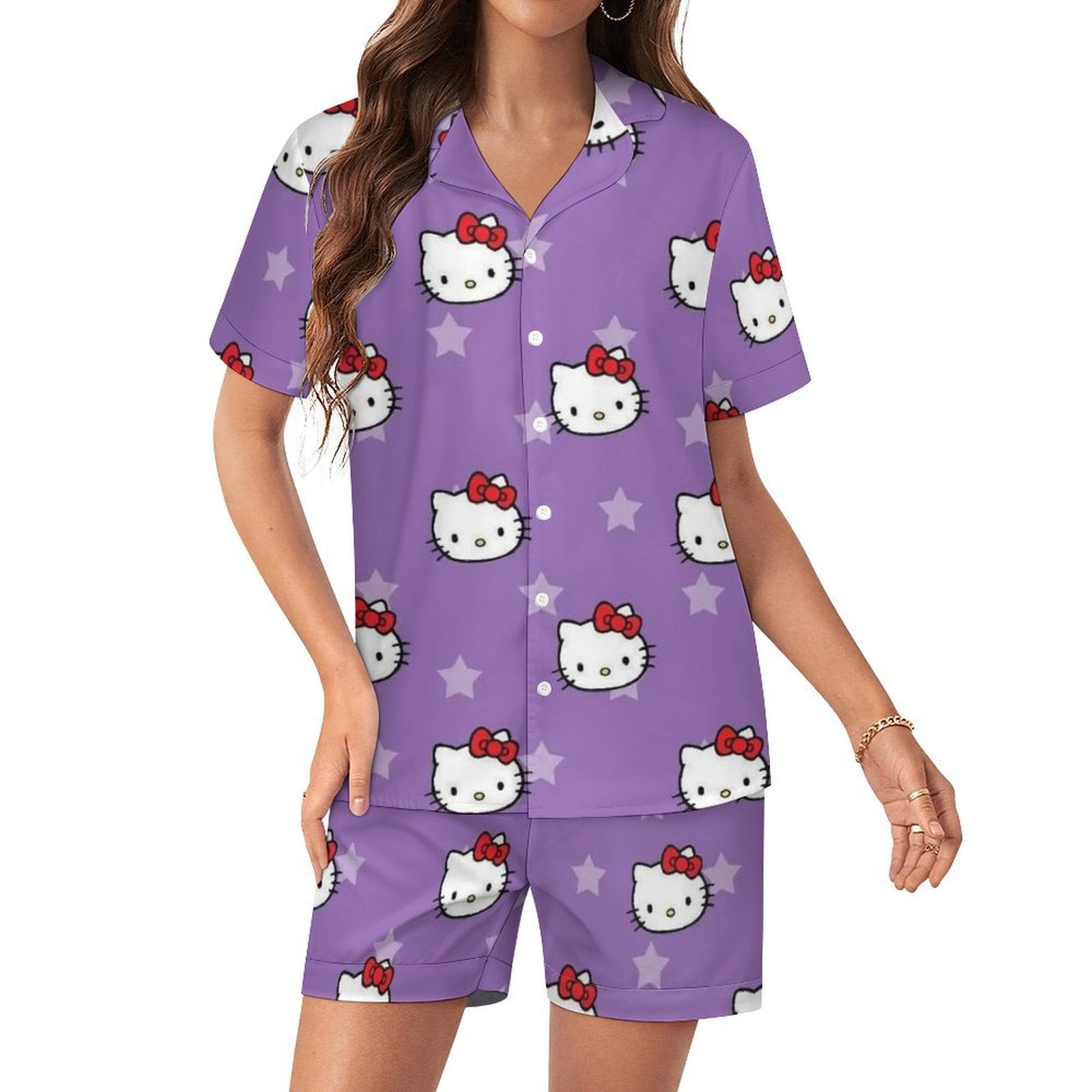 Hello Kitty Women Pajamas Set Short Sleeve Sleepwear Button Down ...