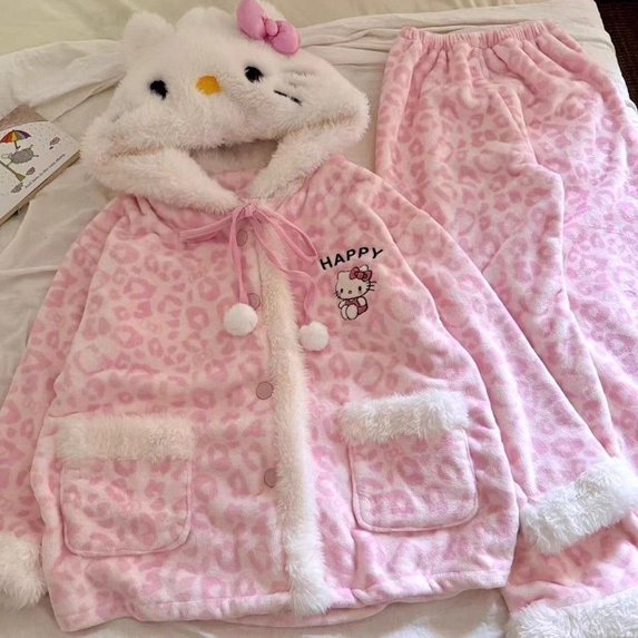 Hello Kitty Women's 2pcs Pajama Set Hooded Sleepwear Winter Warm Xmas ...