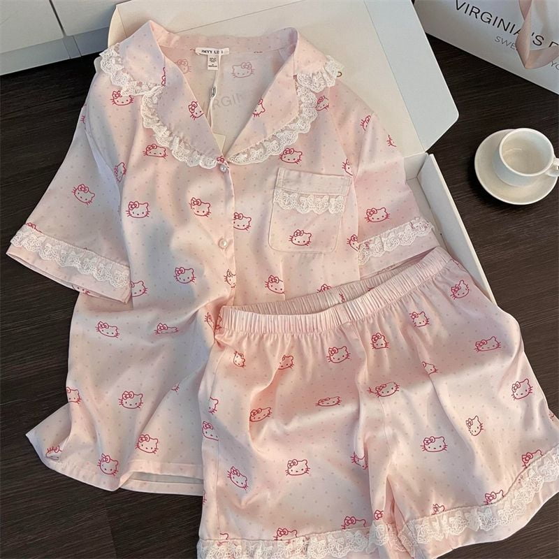Hello Kitty Women's Pajamas Set Cartoon Summer Sleepwear Short Sleeve ...