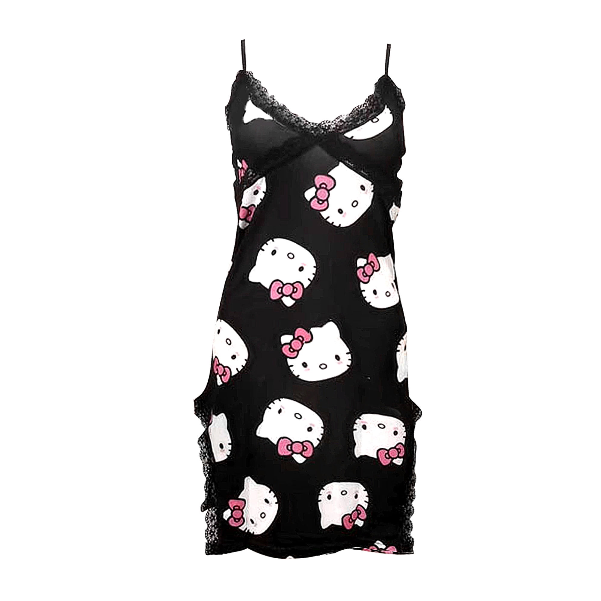 Hello Kitty Womens Nightgown Sexy Lingerie Cute Print Milk Silk Dress V ...