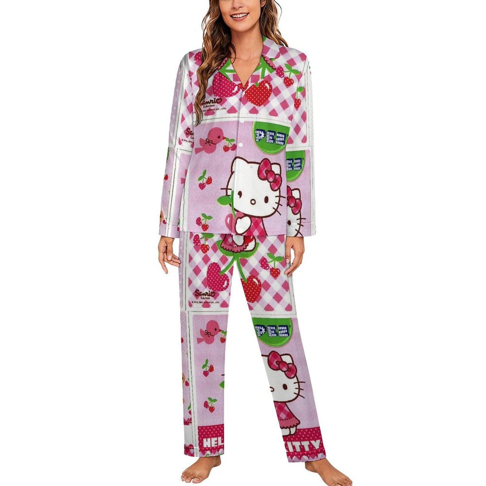Hello Kitty Womens Silk Satin Pajamas Set Button Down 2 Piece Pjs Long ...
