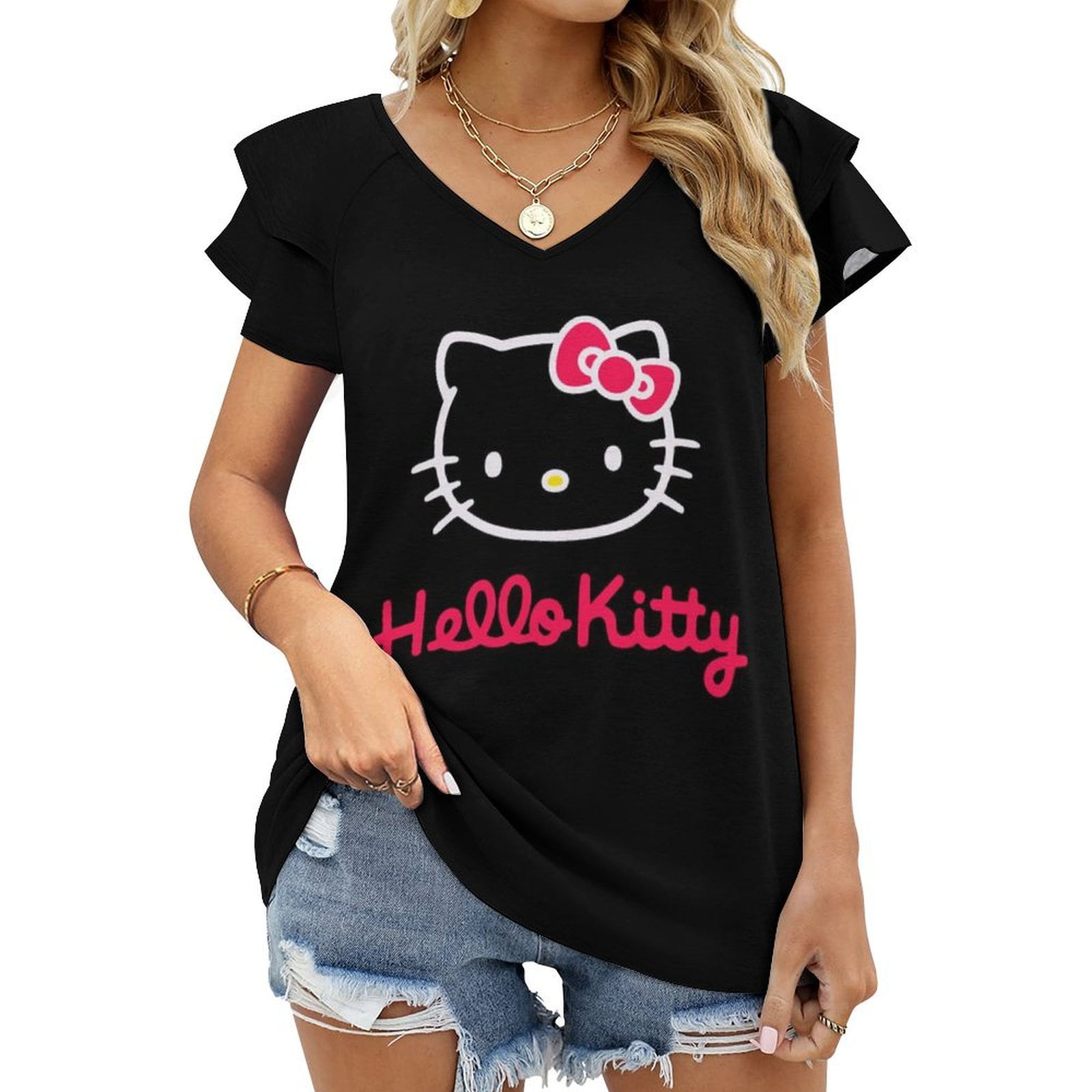 Hello Kitty Womens Summer Tops Ruffle Short Sleeve Tunic Tops V Neck ...