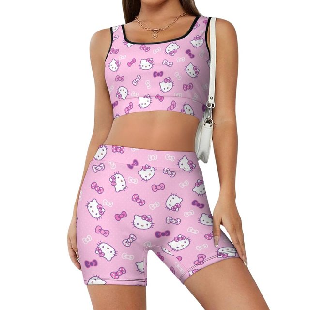 Hello Kitty Workout Outfits Sets for Women 2 Piece Crop Tank High Waist ...