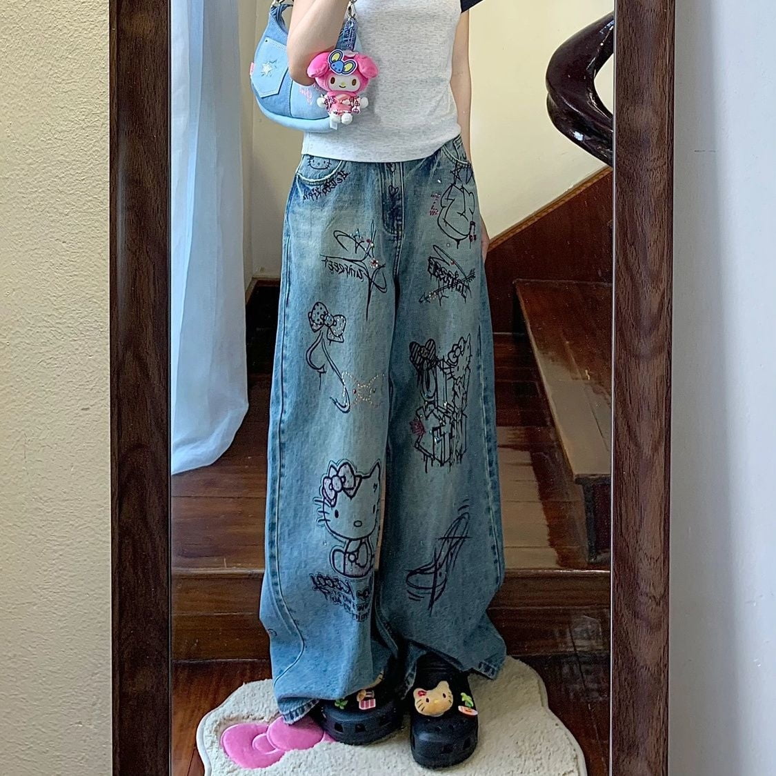 Hello Kitty Y2k Retro Baggy Jeans High Street Hot Diamond Zipper Wide ...
