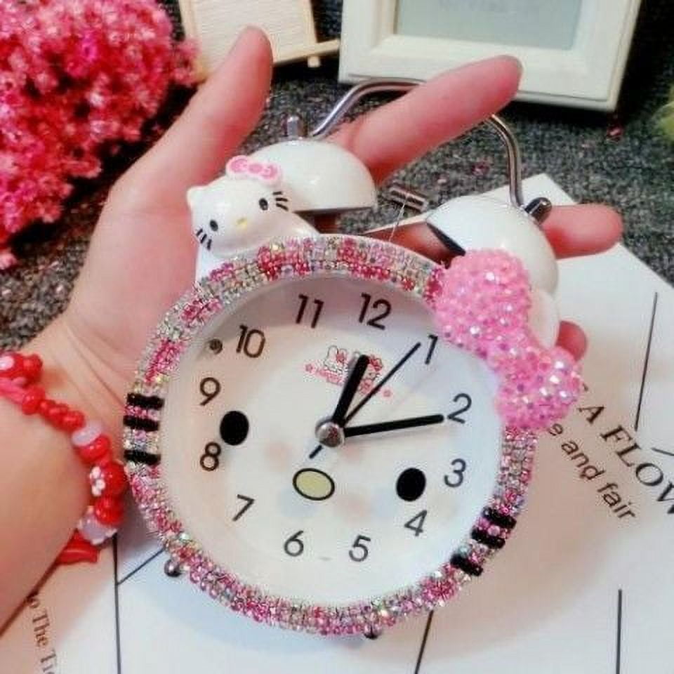 Hello Kitty cartoon alarm clock Kawaii creative mute bedside alarm simple clock rhinestone cute ...