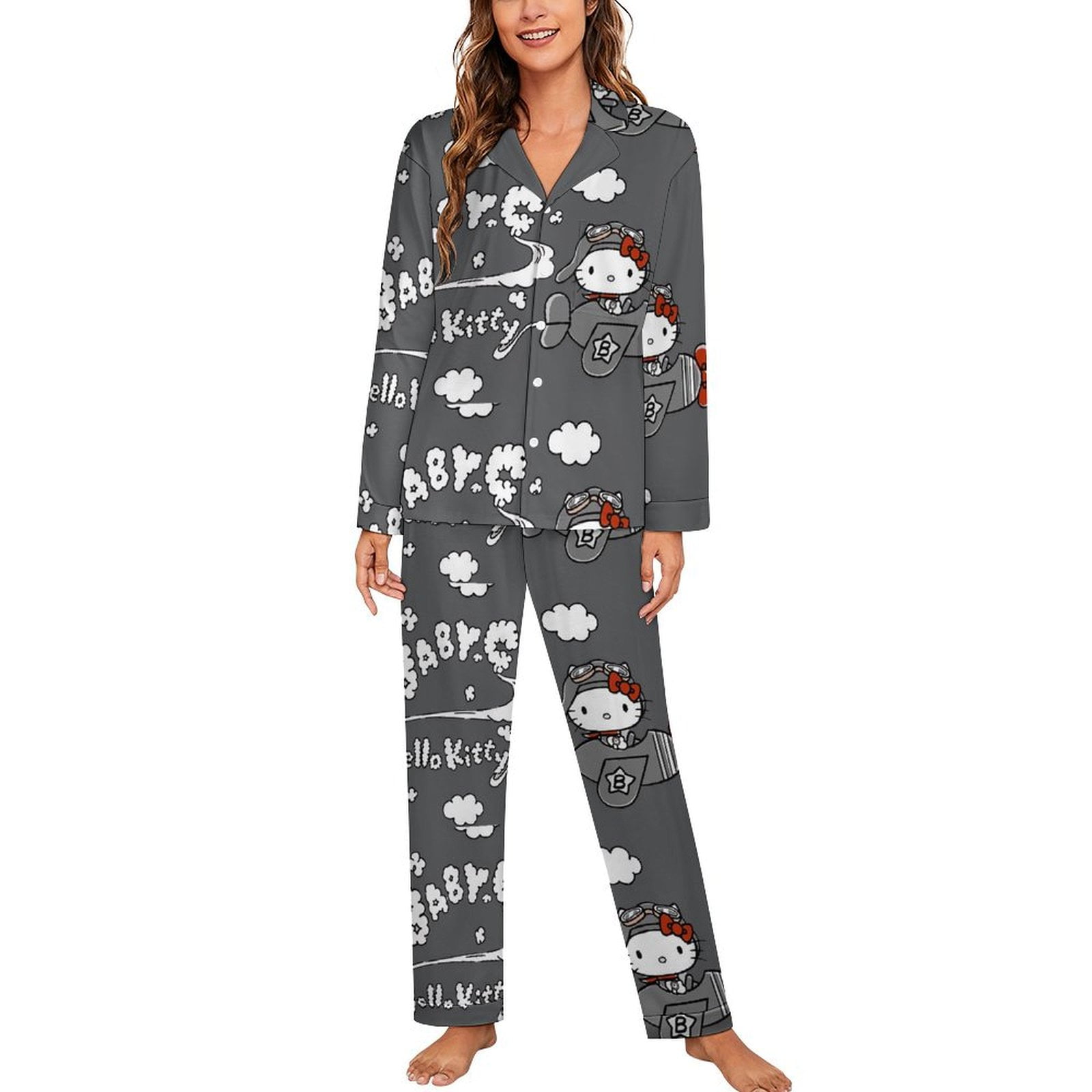 Hello Kitty on A Plane Womens Pajama Sets Cotton Pj Set Cute Long ...