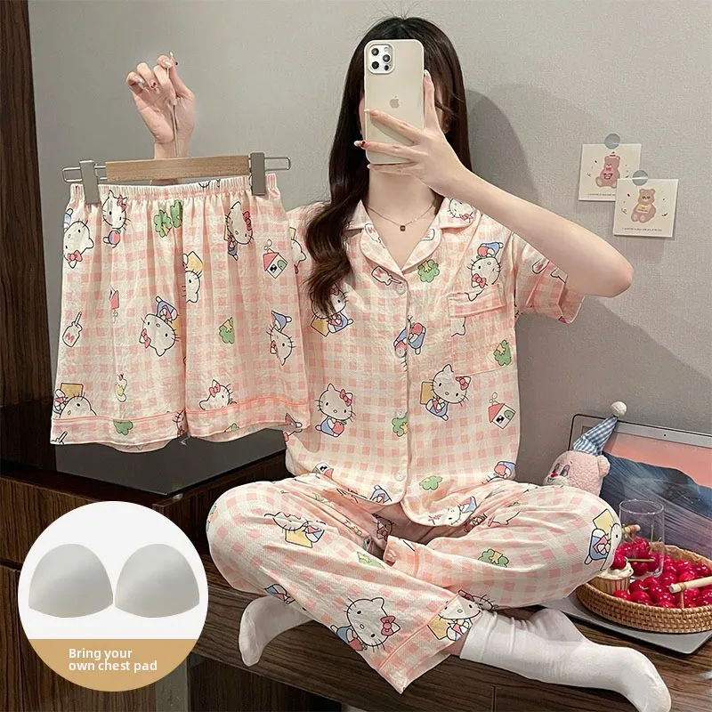 Hello Kitty pajamas with chest pads New pink cartoon Sanrio three-piece set Casual Hello Kitty ...