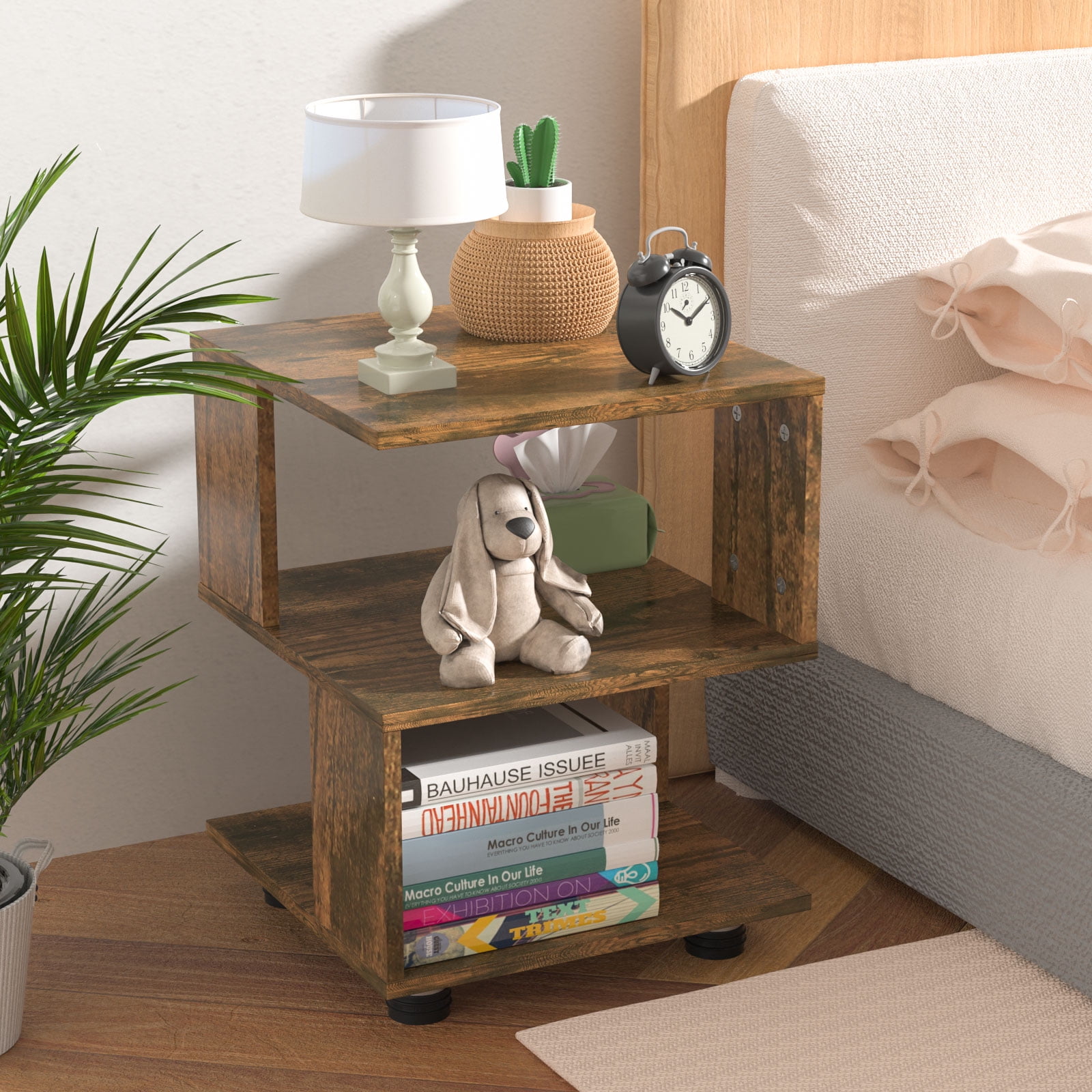 Hello Laura Modern Nightstand Table with Two-Tier Shelves Rustic Wood ...