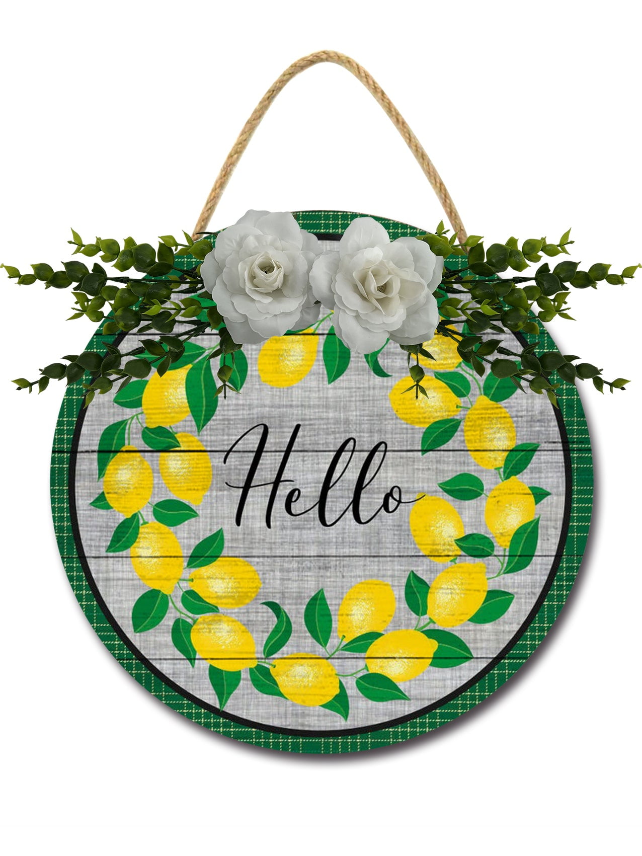 Hello Lemon Door Sign Home Decor Round Wood Wreaths Wall Hanging Sign ...