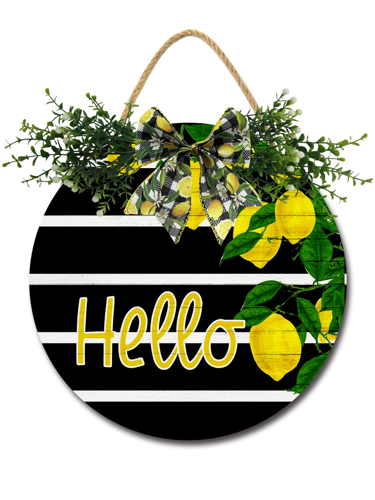 Hello Lemon Door Sign Home Decor Round Wood Wreaths Wall Hanging Sign ...