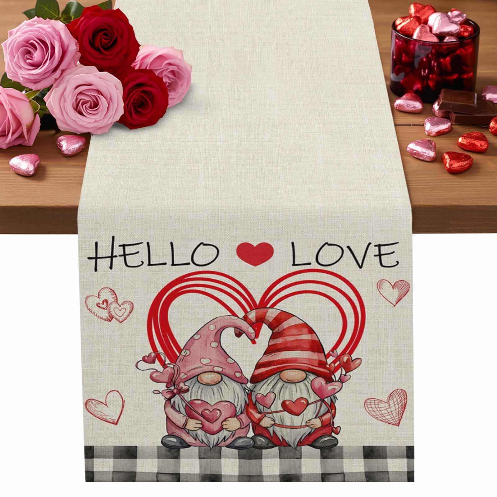 Hello Love Table Runner 18 x 72 Inch, Valentine's Day Gnome Couple Red ...