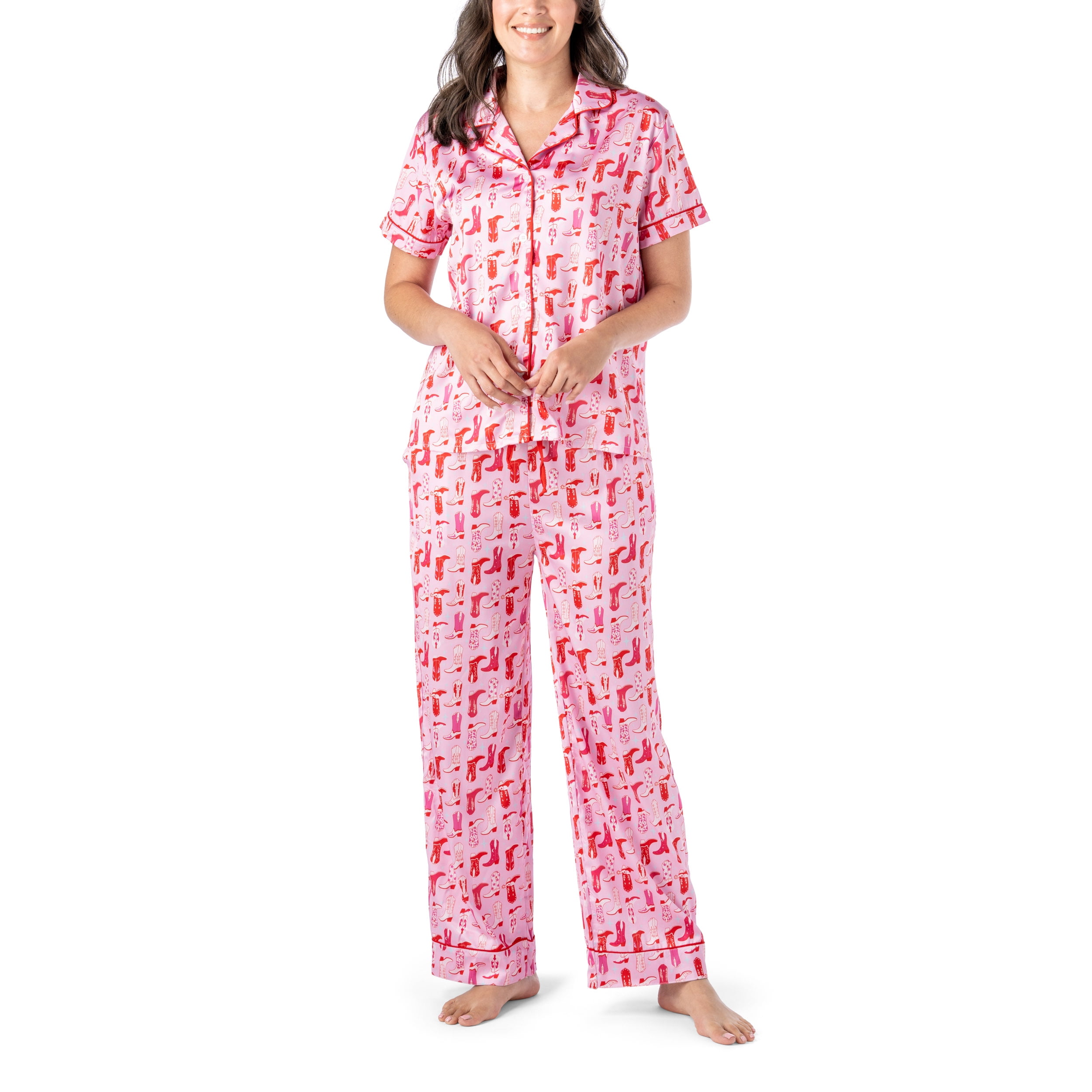 Hello Mello Boots & Bubbles Satin Lounge Top and Pants, 2-Piece Pajama Set, Bootie Sleep, Medium ...