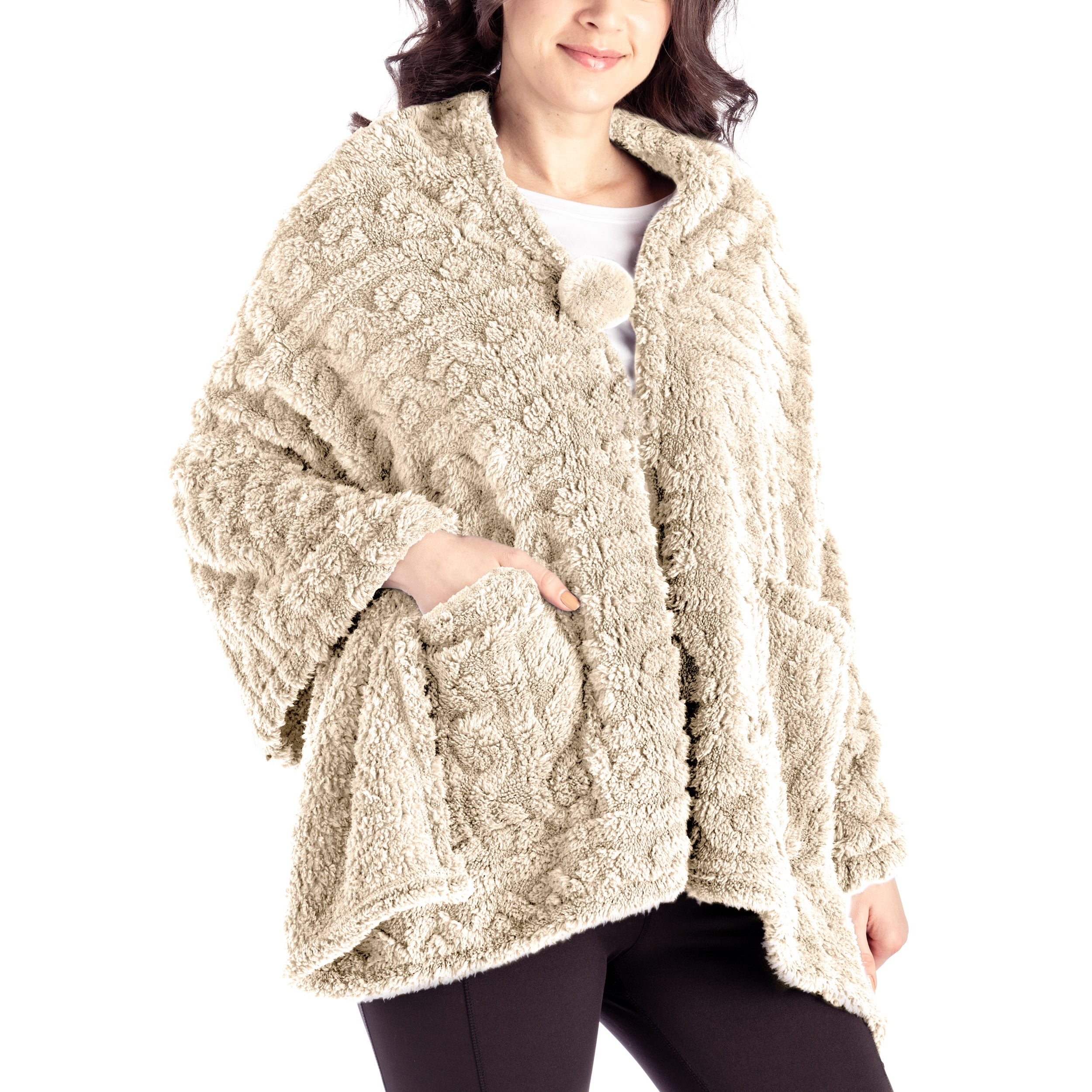 Hello Mello The Coziest Blanket Wrap Plush Poncho Soft Sweater, Tan ...