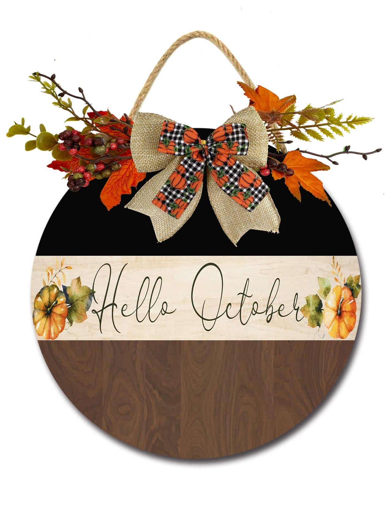 Hello October Sign Front Door Porch Decorations, Round Rustic Wood ...