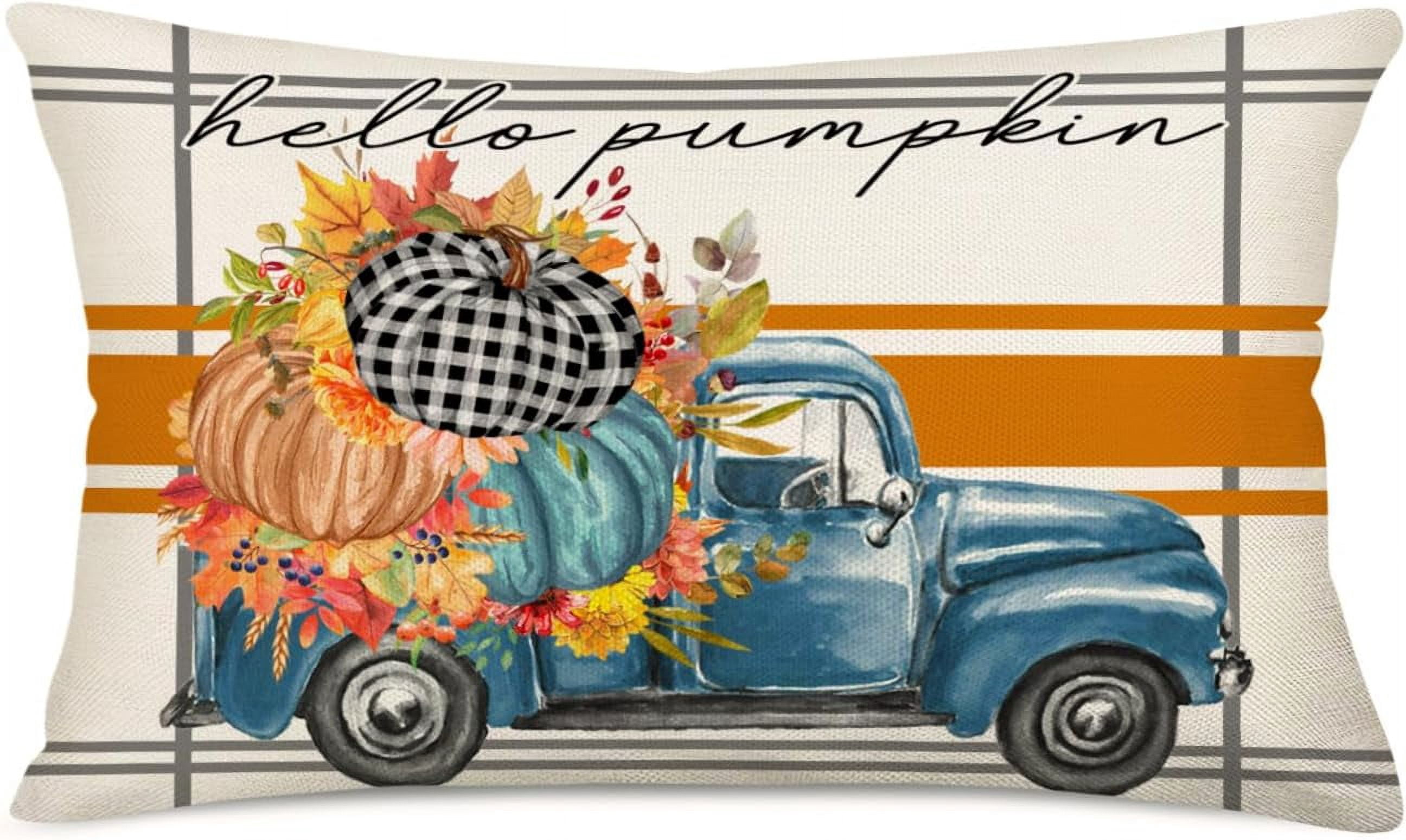 Hello Pumpkin Pillow Shams 12x20 Inch Blue Truck with Pumpkins Autumn ...