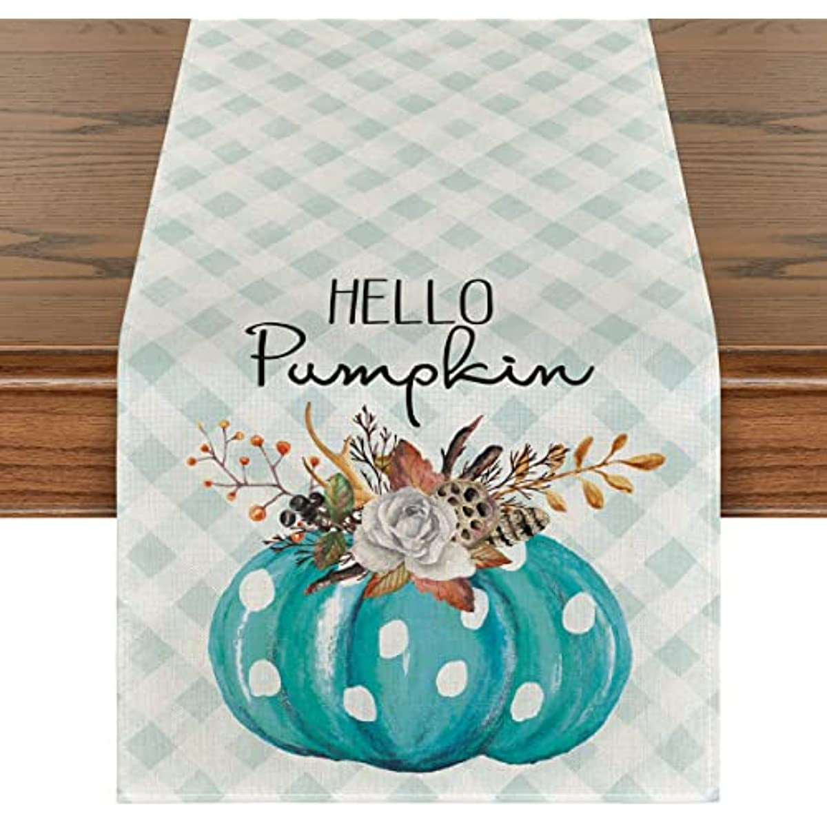 Hello Pumpkin Thanksgiving Polka Dot Watercolor Plaid Table Runners ...