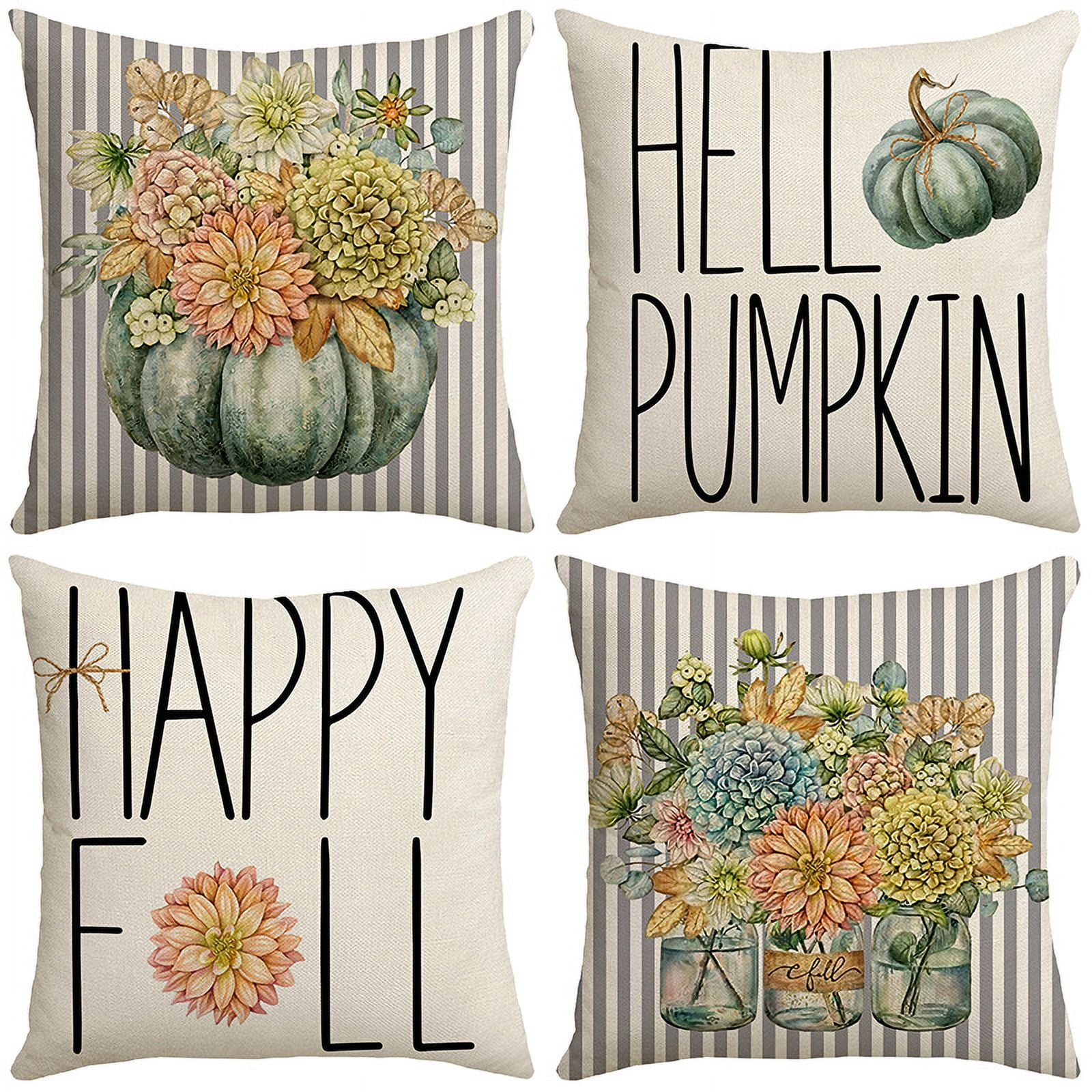 Hello Pumpkin Vintage Fall Throw Pillow Covers 18x18 Inch Floral Rustic ...