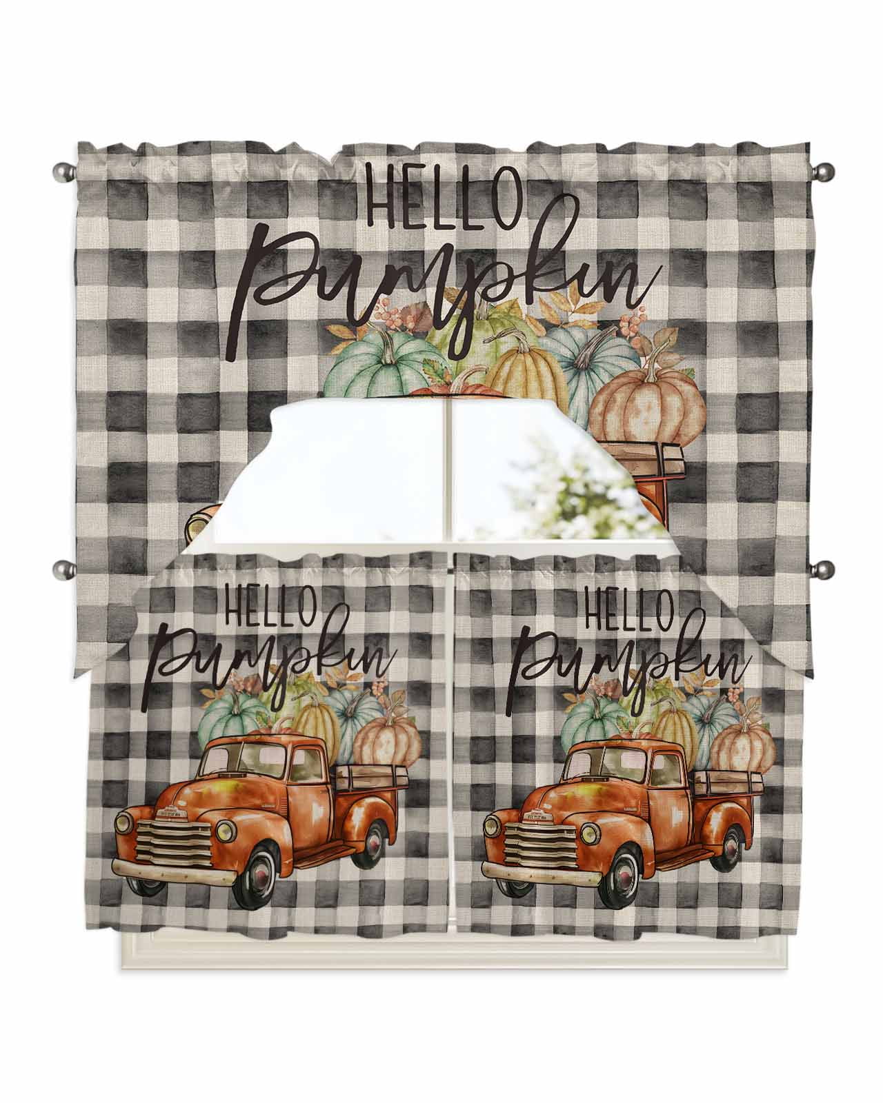 Hello Pumpkins Kitchen Curtain and Valance Set 3 Pieces,Rod Pocket Short Tier Curtains 24 Inch ...
