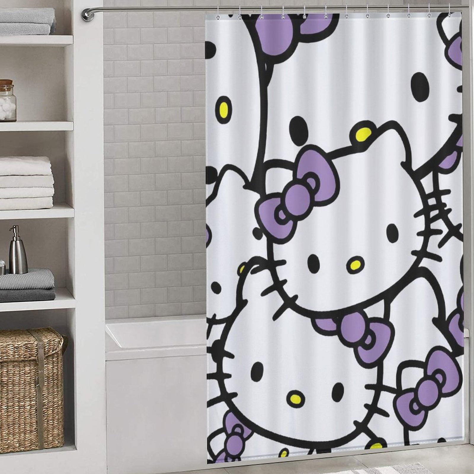 Hello Purple Kitty Shower Curtains for Bathroom,Shower Curtain,Cartoon Bath Curtain with 12 ...