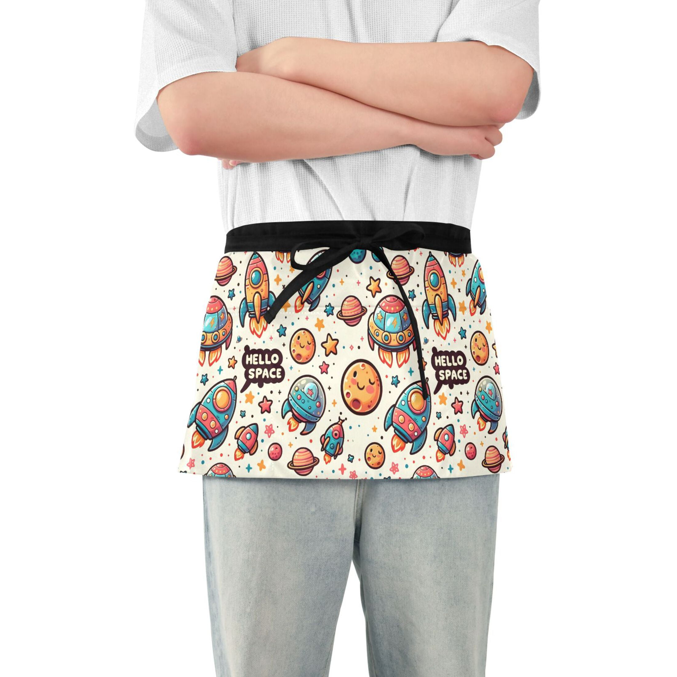 Hello Space Spaceship Star Server Apron with 3 Pockets Waterproof Waitress Waist Short Apron for ...