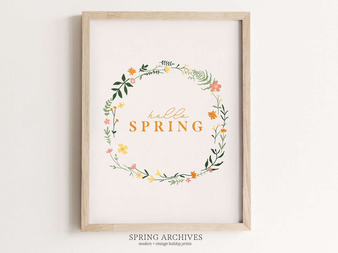 Hello Spring Art Print, Easterhome Decor, Floral Wreath Decorations ...