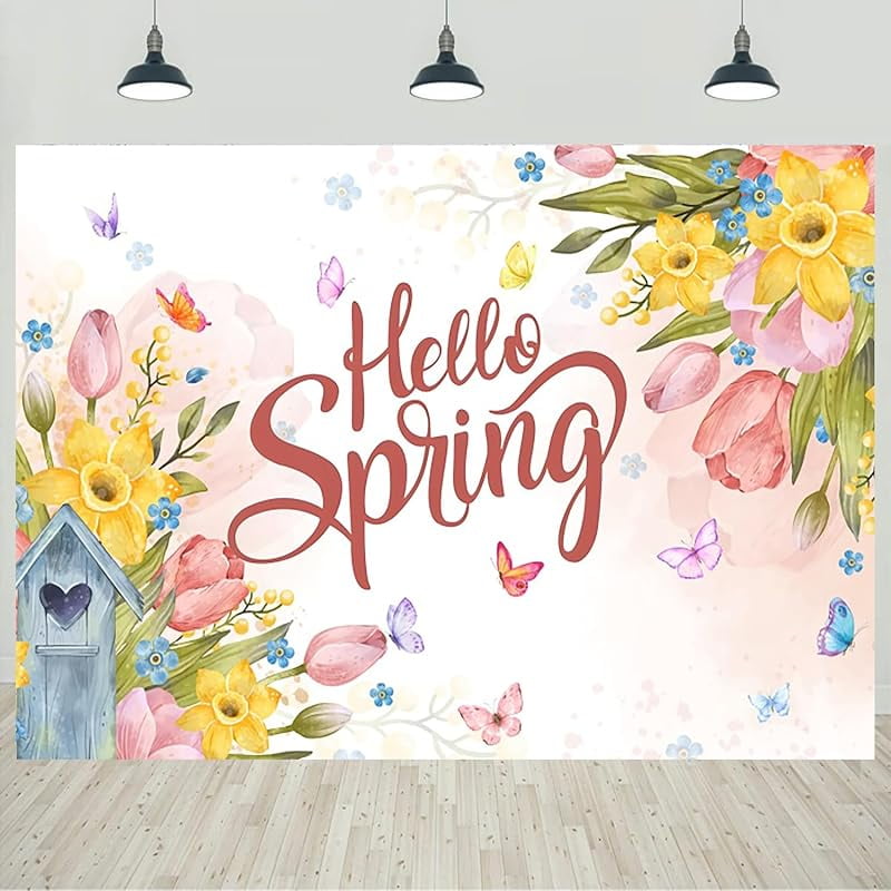 Hello Spring Backdrop Colorful Flowers Butterfly Greenery Photography ...