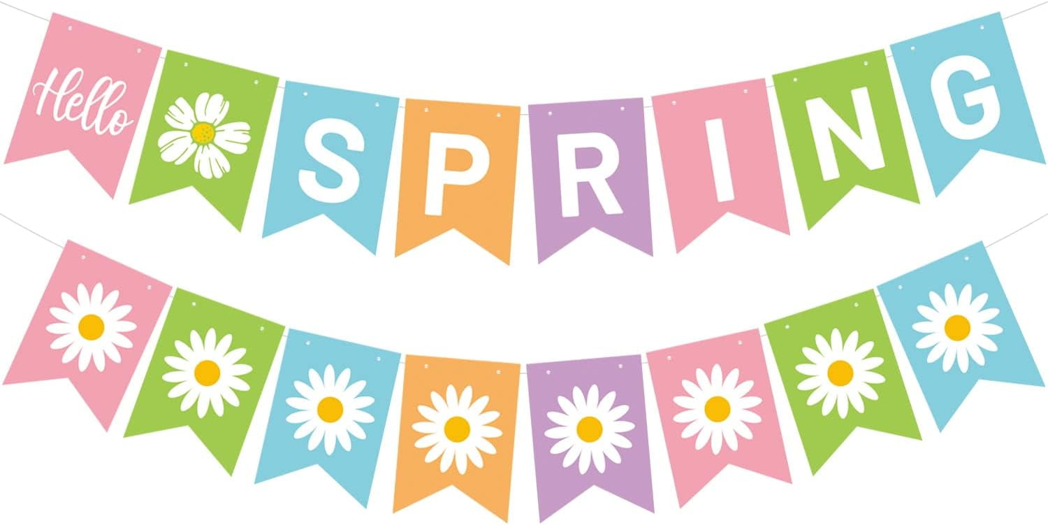 Hello Spring Banner Colorful Spring Bunting Banner Flower Pattern ...